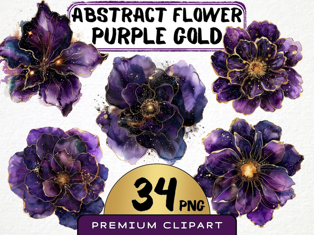 Abstract Purple Gold Flower Clipart 34 Png, Watercolor Floral Alcohol ...