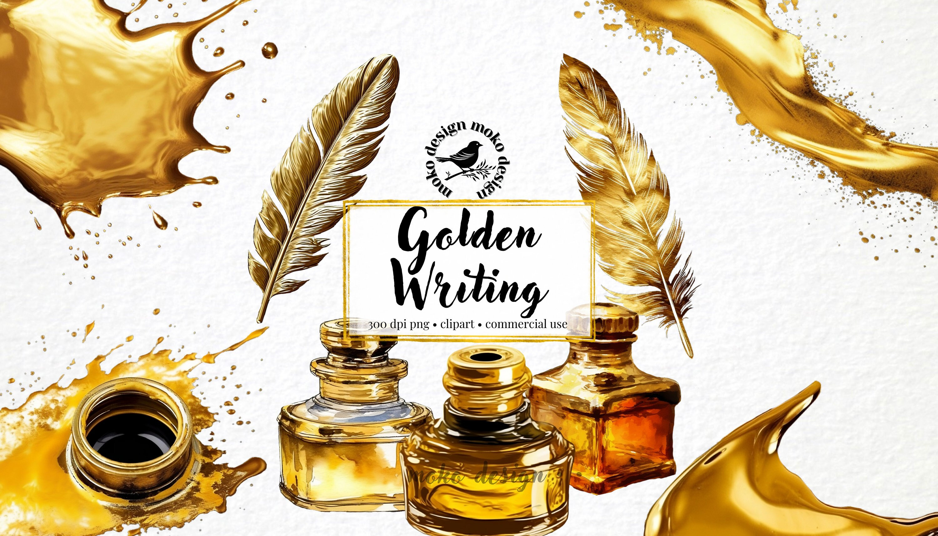 Vintage Golden Writing Ink Pen Clip Art Fountain Pen Feather Quill ...