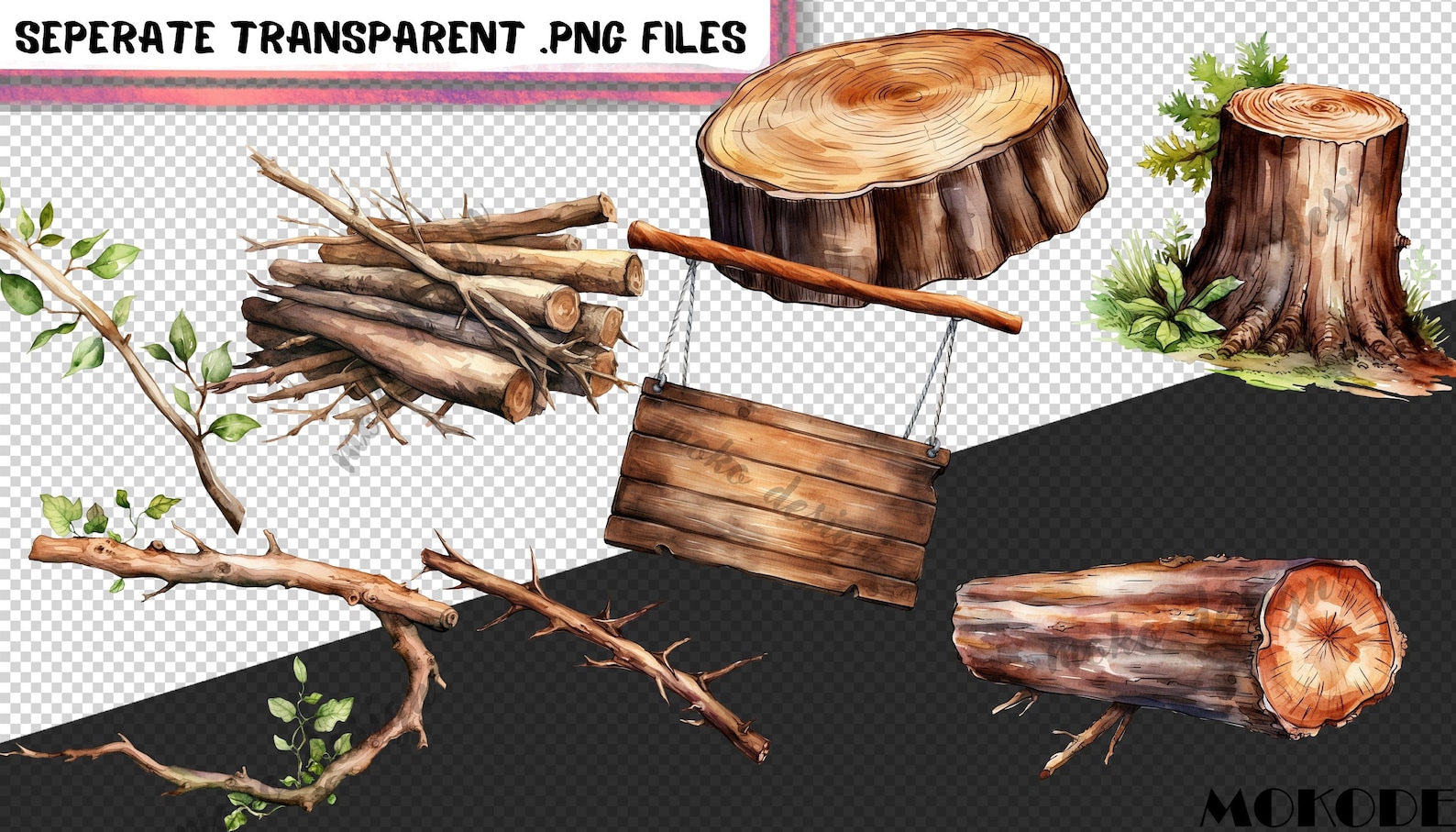 Watercolor Twigs & Logs Clipart Bundle, Set of 21, Wood Borders, Stick ...