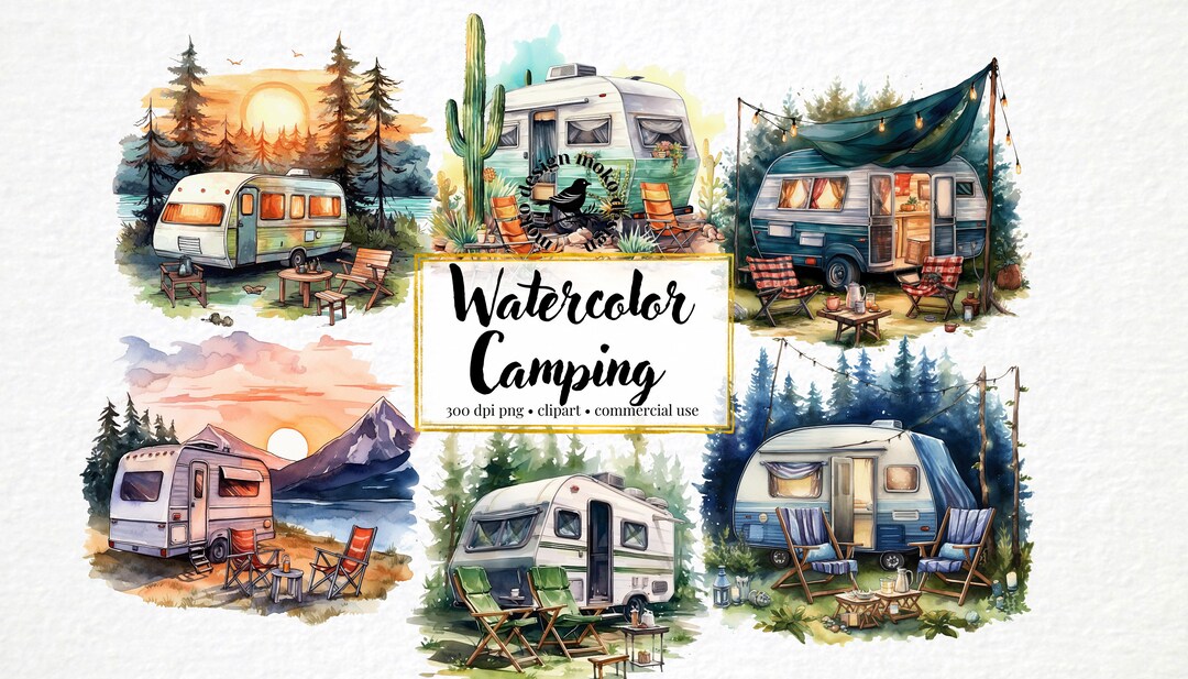 Van Life Campers Clipart, Set of 35, Watercolor Cute Caravan Camping ...