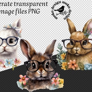 Cute Bunnies in Glasses Clip Art Funny Bunny Design Bundle Watercolor ...