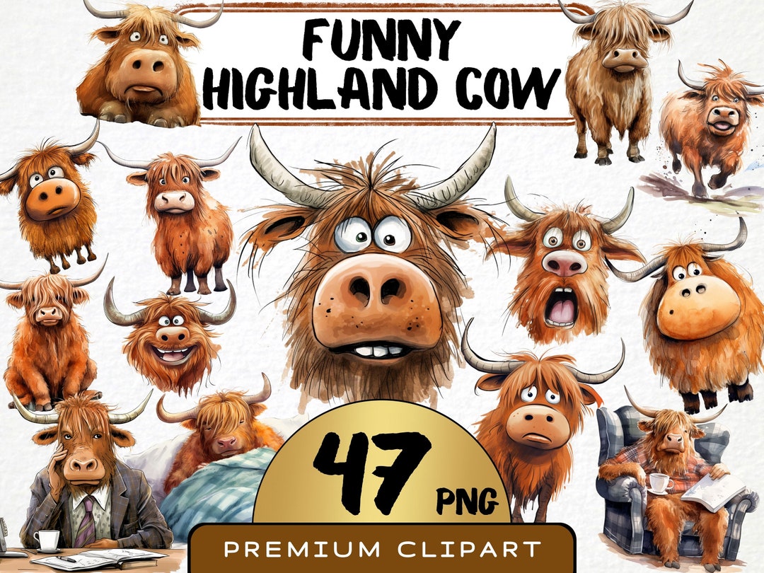 Funny Highland Cow Clipart 44 Png, Cute Caricature Farm Animals, Cattle ...