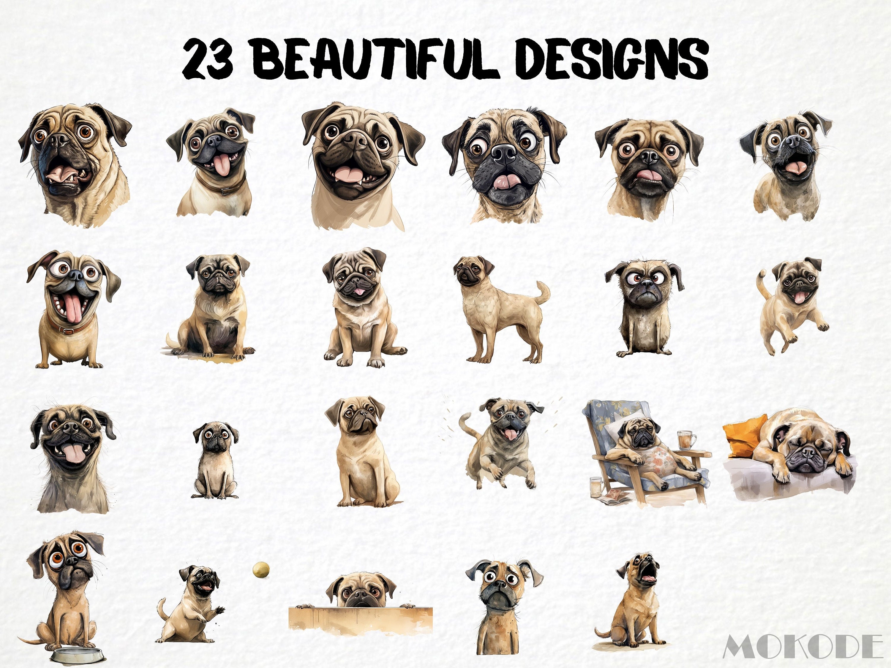 Funny Pug Watercolor Clipart, Caricature Dogs (digital Download) - Etsy