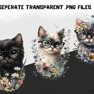 Cute Kittens in Glasses Clip Art Funny Cats Design Bundle, Watercolor ...
