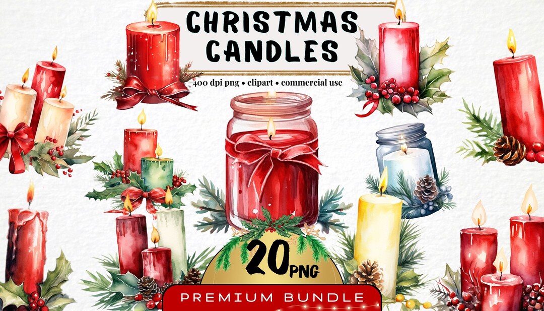 Watercolor Christmas Candles Clipart, Set of 20, Festive Red Candles ...