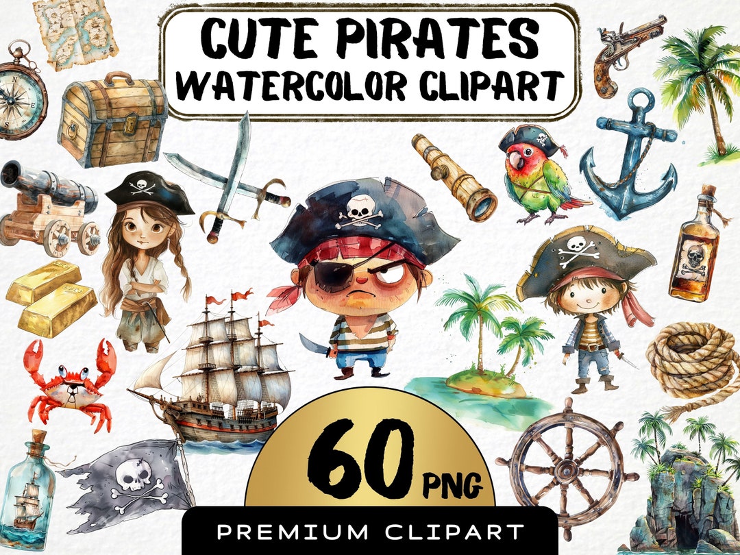 Watercolor Cute Pirate Clipart, 60 Png, Bucaneer Clipart, Carribbean ...