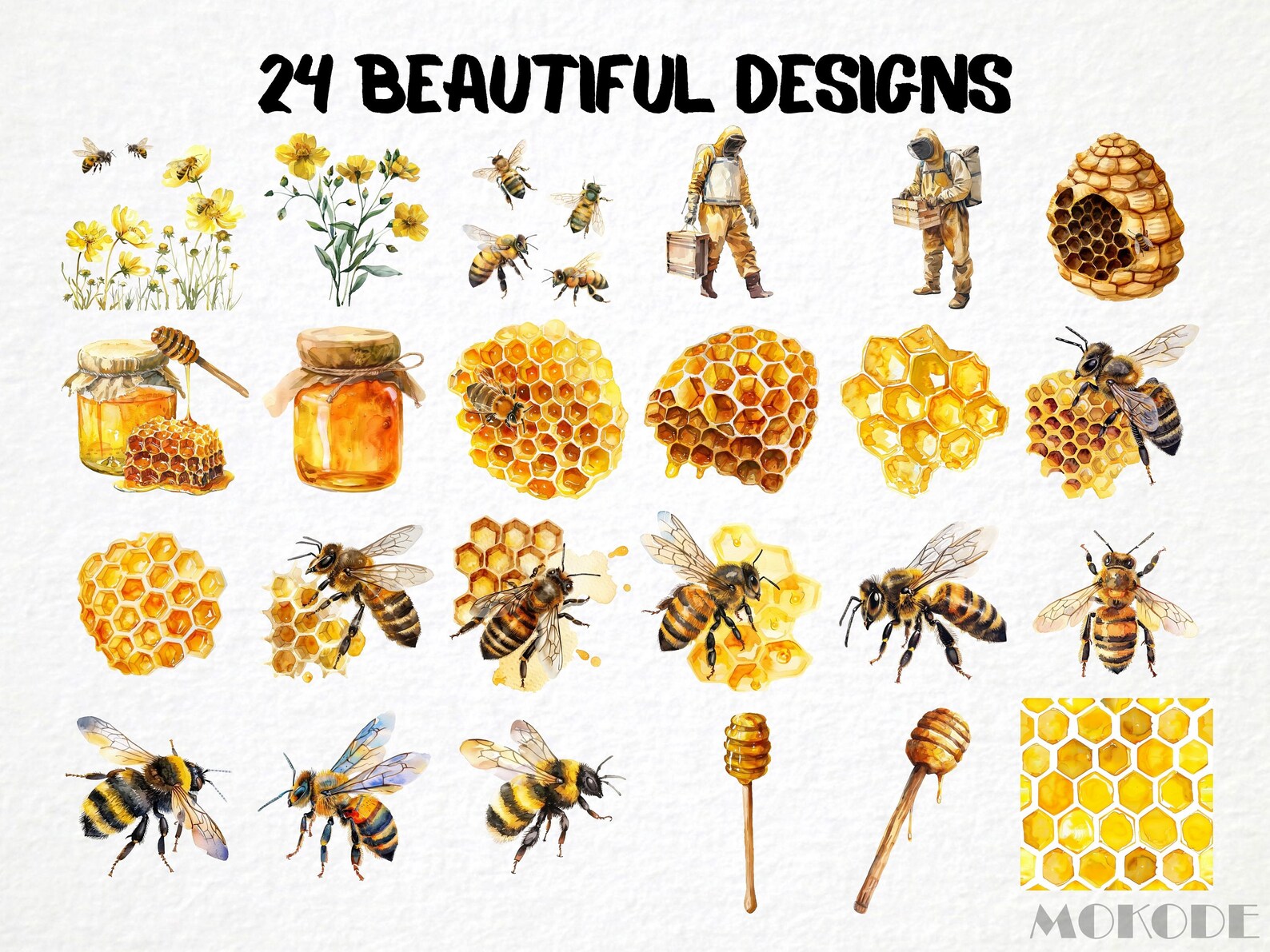 Watercolor Honey Bee Clipart, Honeycomb Illustration (PNG Digital File ...
