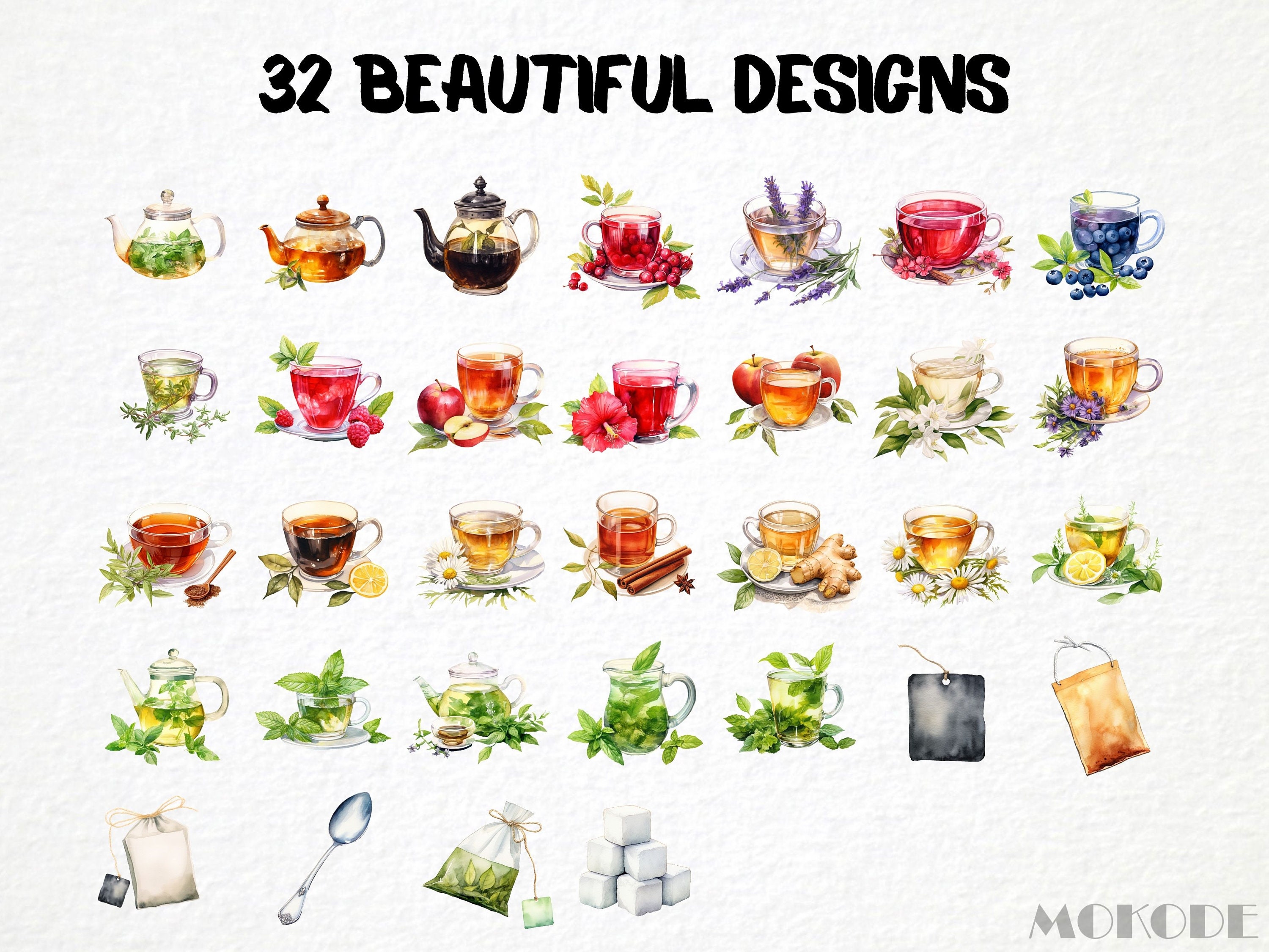 Watercolor Herbal Tea Clipart, Cozy Tea Cups (32 PNG) - Etsy
