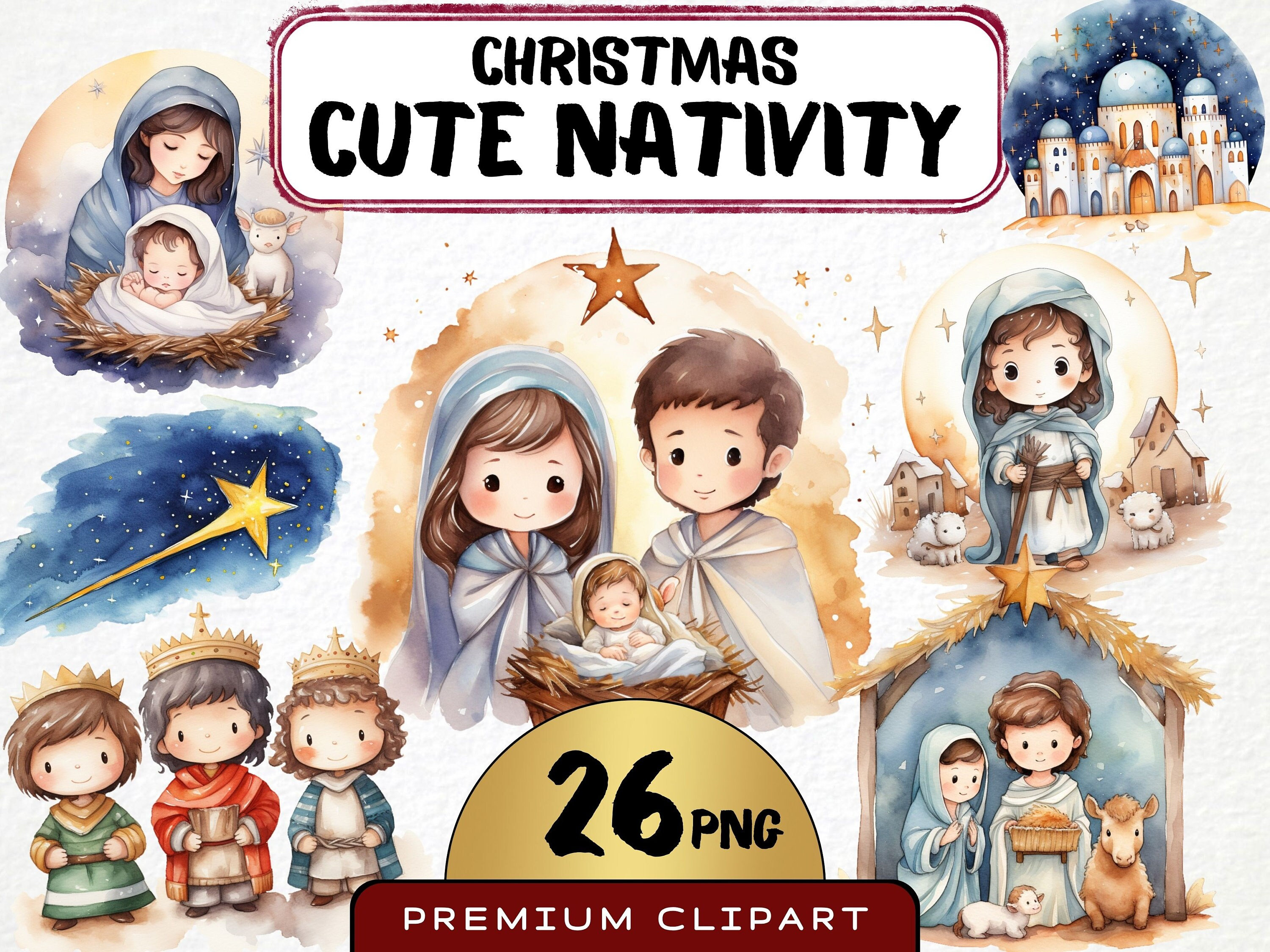 Christmas Cute Nativity Clipart, Nativity Scene, Watercolor Jesus ...