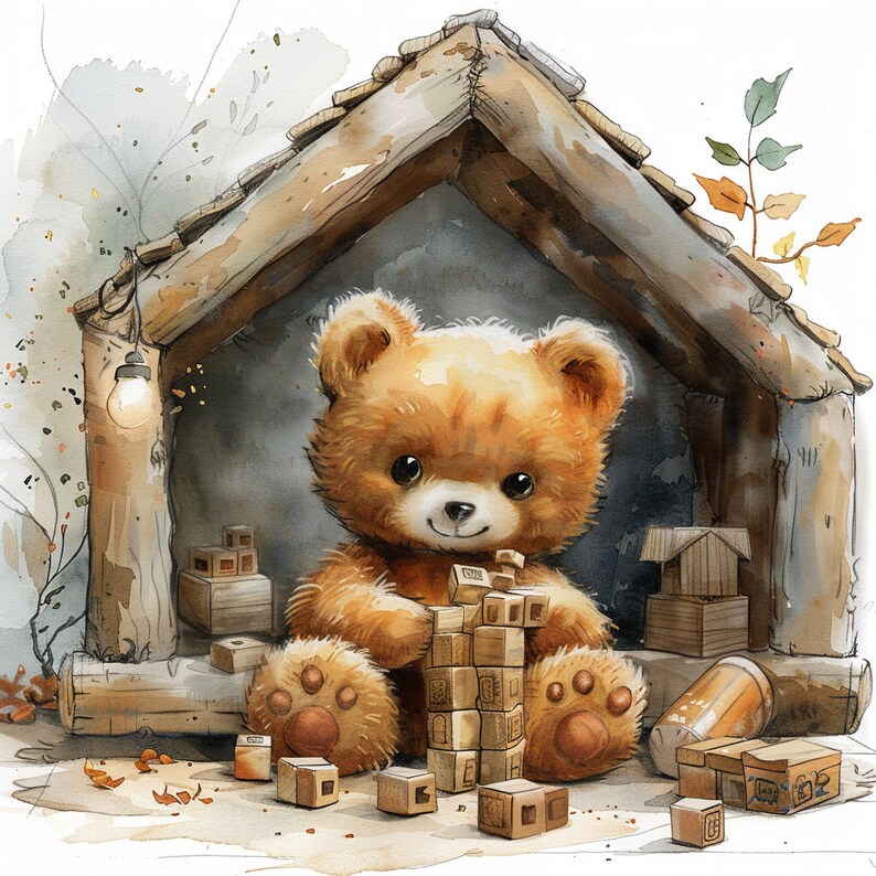 Teddy Bear Watercolor Clipart: Playful Bear With Blocks (16 PNG Files ...
