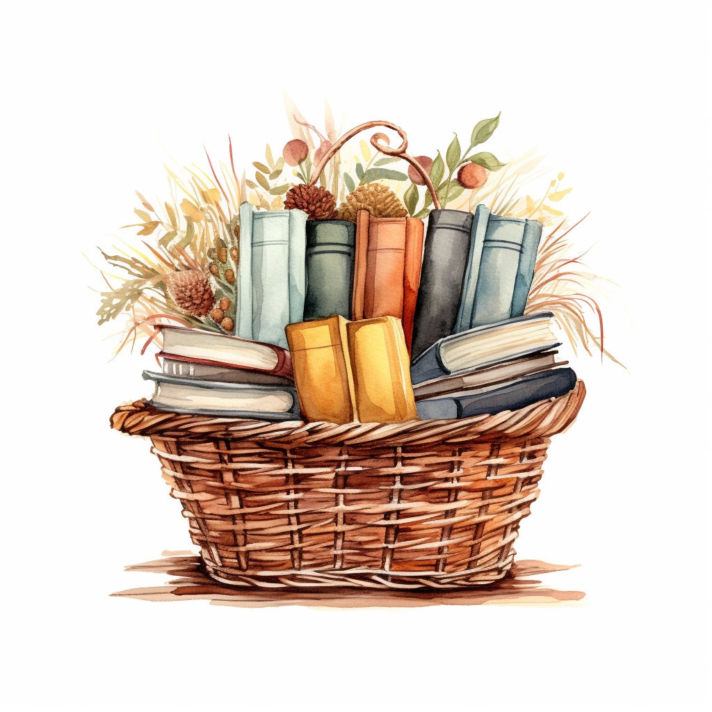 Basket of Books - High Quality Digital Watercolor Art - 12 Designs - Etsy