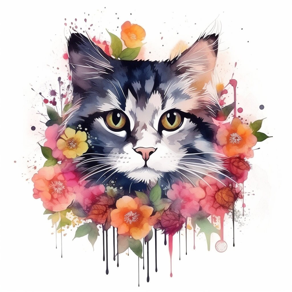 Floral Cats - High Quality Watercolor Digital Art - 11 Designs - Etsy