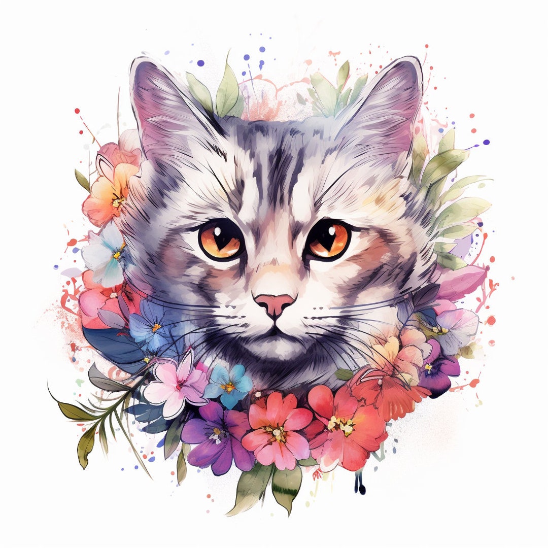 Floral Cats - High Quality Watercolor Digital Art - 11 Designs - Etsy