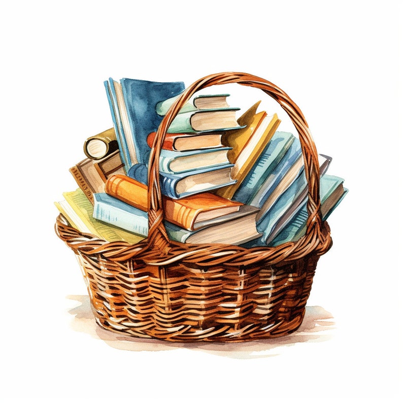 Watercolor Books in Basket Clipart: 12 PNG Designs (digital Download ...