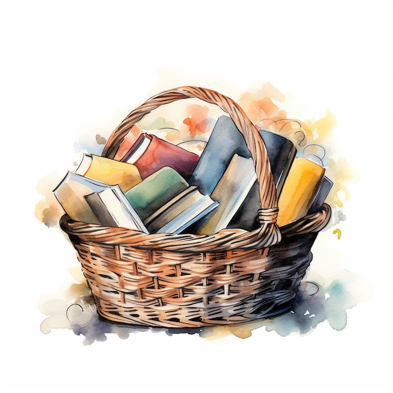 Basket of Books - High Quality Digital Watercolor Art - 12 Designs - Etsy