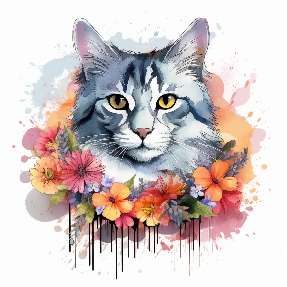 Floral Cats High Quality Watercolor Digital Art 11 Designs - Etsy