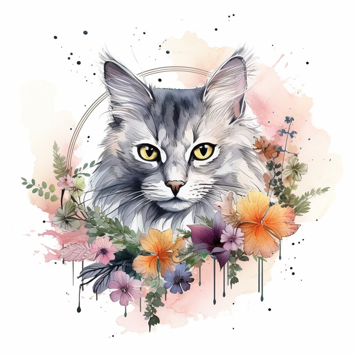 Floral Cats High Quality Watercolor Digital Art 11 Designs - Etsy