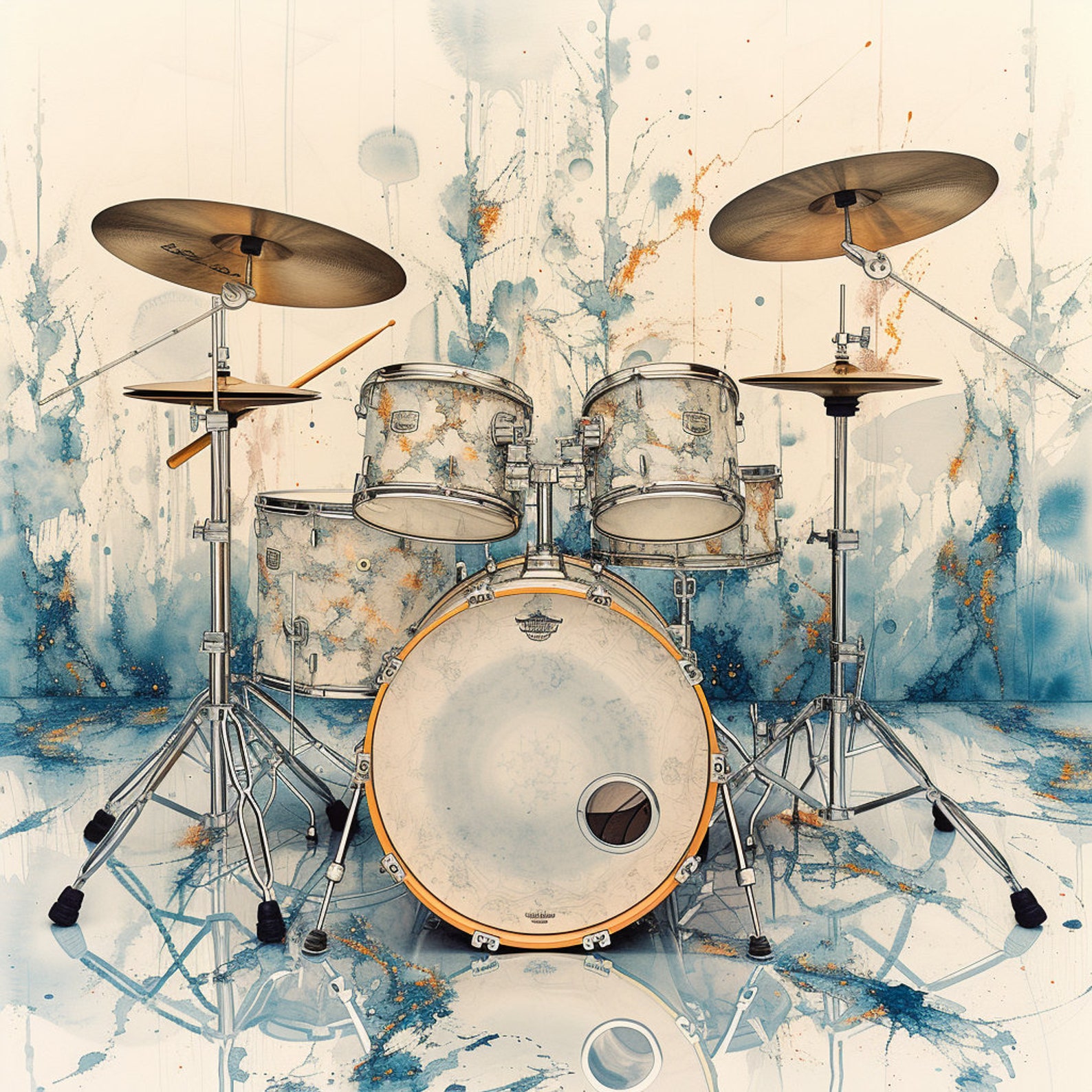 Drum Set Marbled Splash - High Quality Digital Watercolor Art - 16 ...