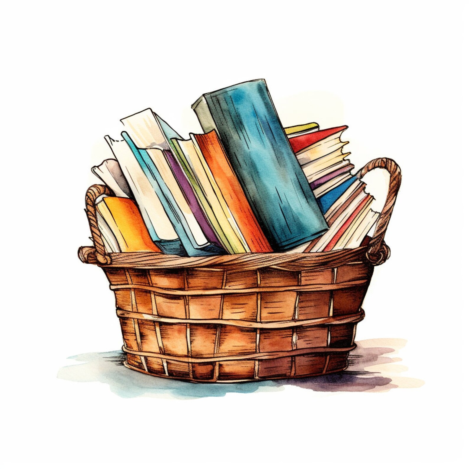 Basket of Books - High Quality Digital Watercolor Art - 12 Designs - Etsy