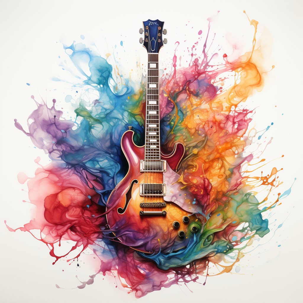 Guitar Splash Watercolor Art Prints: 16 PNG Designs (digital Download ...