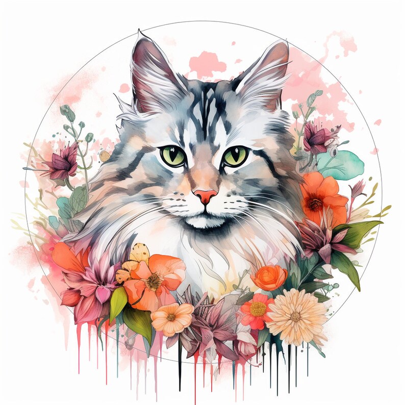 Floral Cats - High Quality Watercolor Digital Art - 11 Designs - Etsy