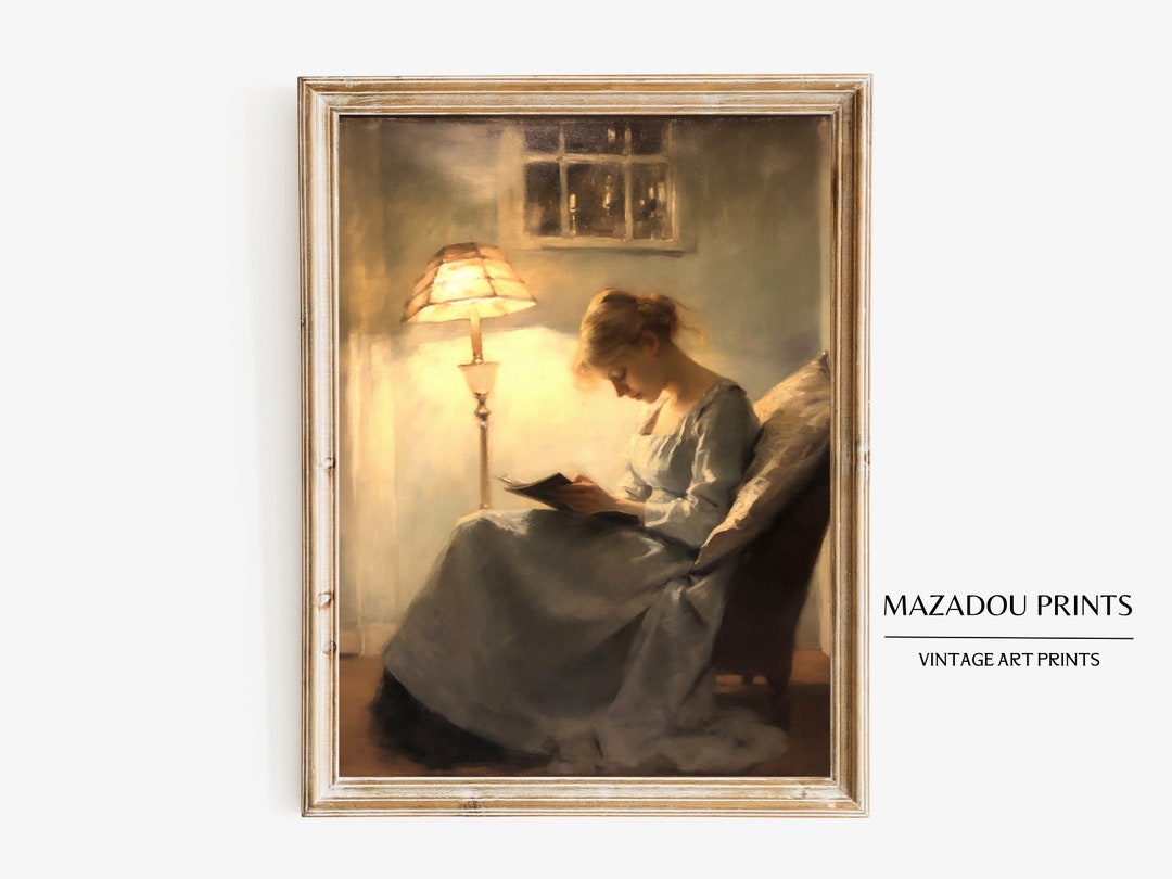 Vintage Woman Reading a Book Wall Art Decor | Digital Painting Print ...
