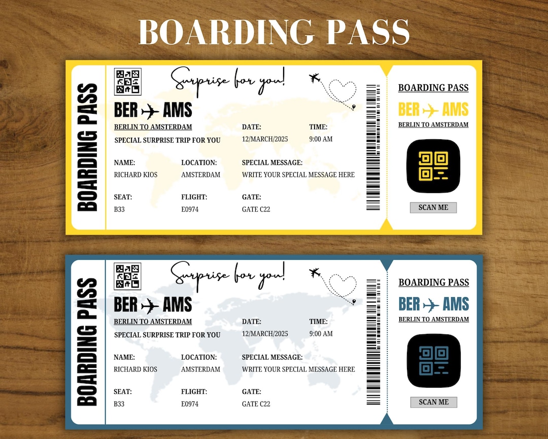Printable Boarding Pass Airline Ticket Gift Surprise Trip Reveal ...