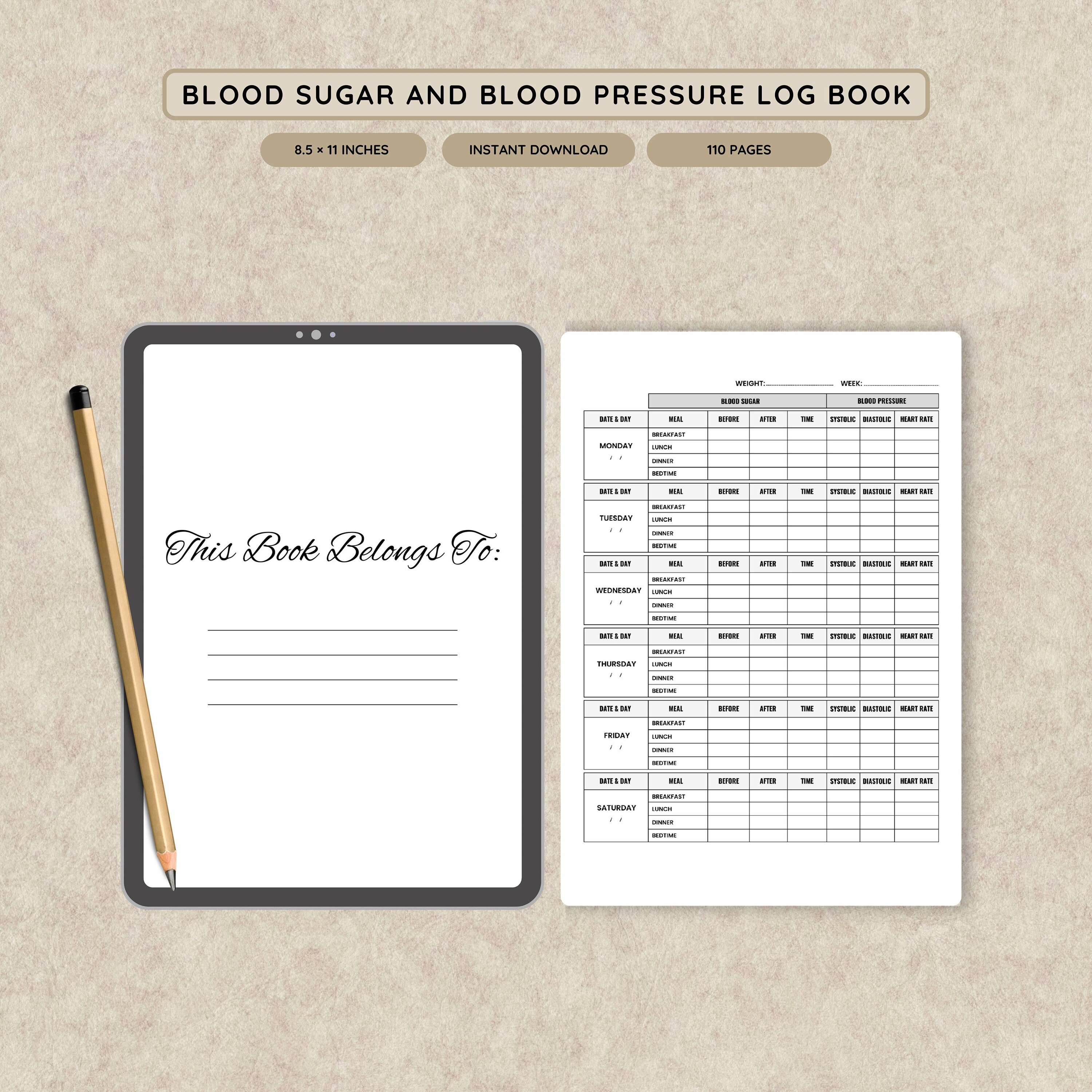 Blood Sugar & Blood Pressure Log: Printable Tracker for Glucose and BP ...