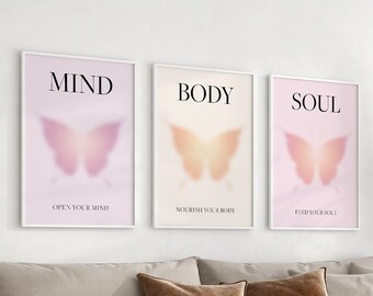 Mind Body Soul Aura Poster 3 Piece Wall Art, Aura Energy Spiritual Gradient Set of 3 Prints, Y2K ...