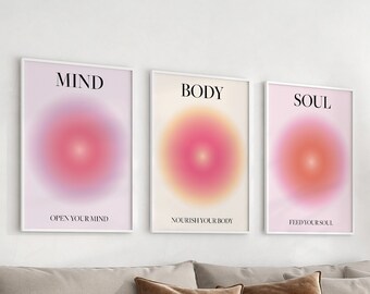 Mind Body Soul Aura Poster 3 Piece Wall Art, Aura Energy Spiritual Gradient Set of 3 Prints, Y2K ...