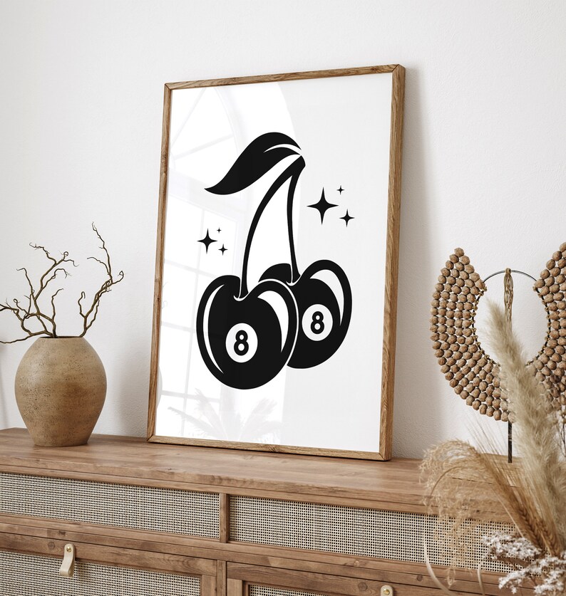 Trendy Retro 8 Ball Cherries Print, Illustration Vintage Wall Art ...
