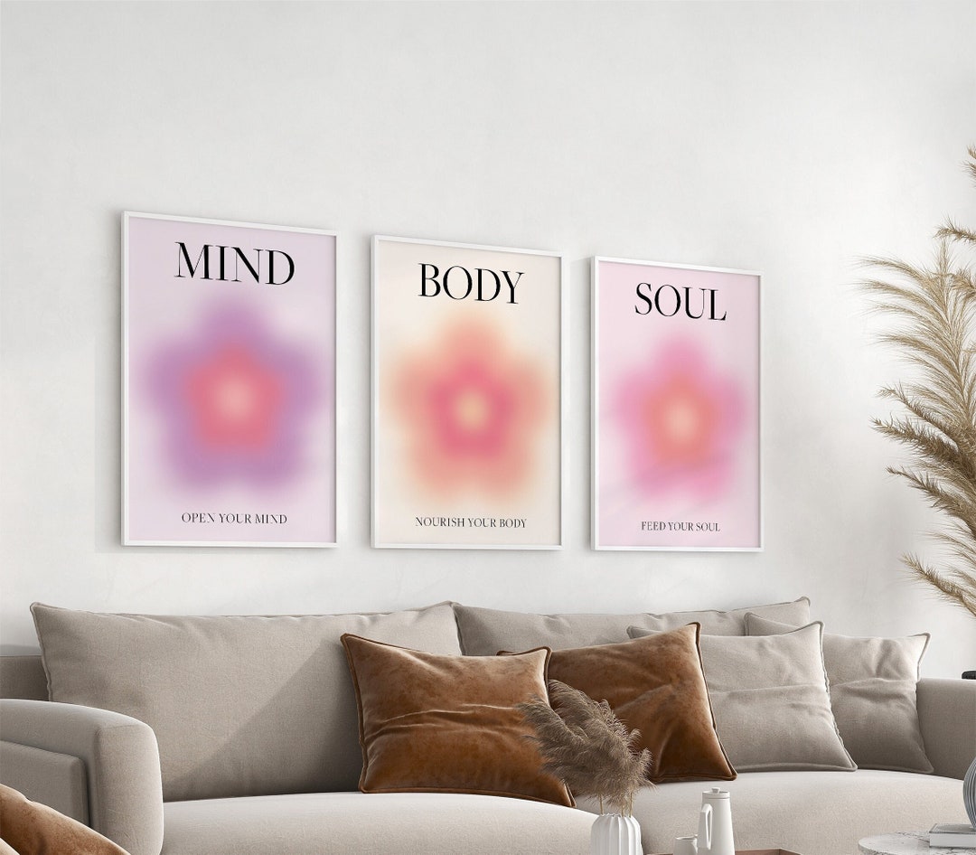 Mind Body Soul Aura Poster 3 Piece Wall Art, Aura Energy Spiritual Gradient Set of 3 Prints, Y2K ...
