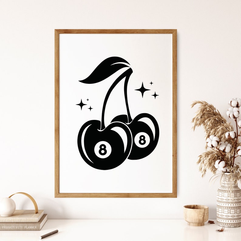 Trendy Retro 8 Ball Cherries Print, Illustration Vintage Wall Art ...