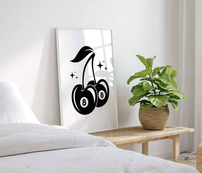 Trendy Retro 8 Ball Cherries Print, Illustration Vintage Wall Art ...