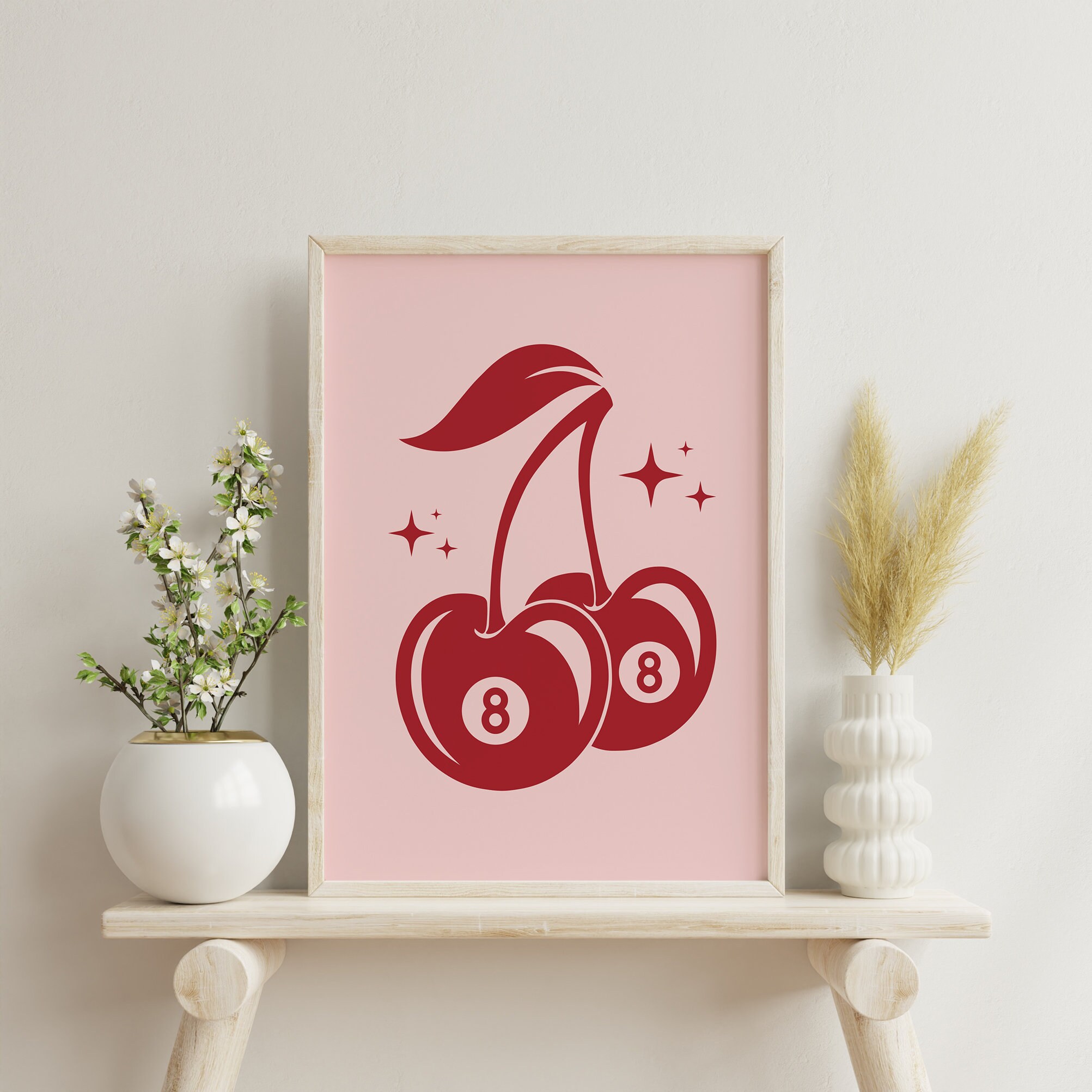 Trendy Retro 8 Ball Cherries Print, Illustration Vintage Wall Art ...