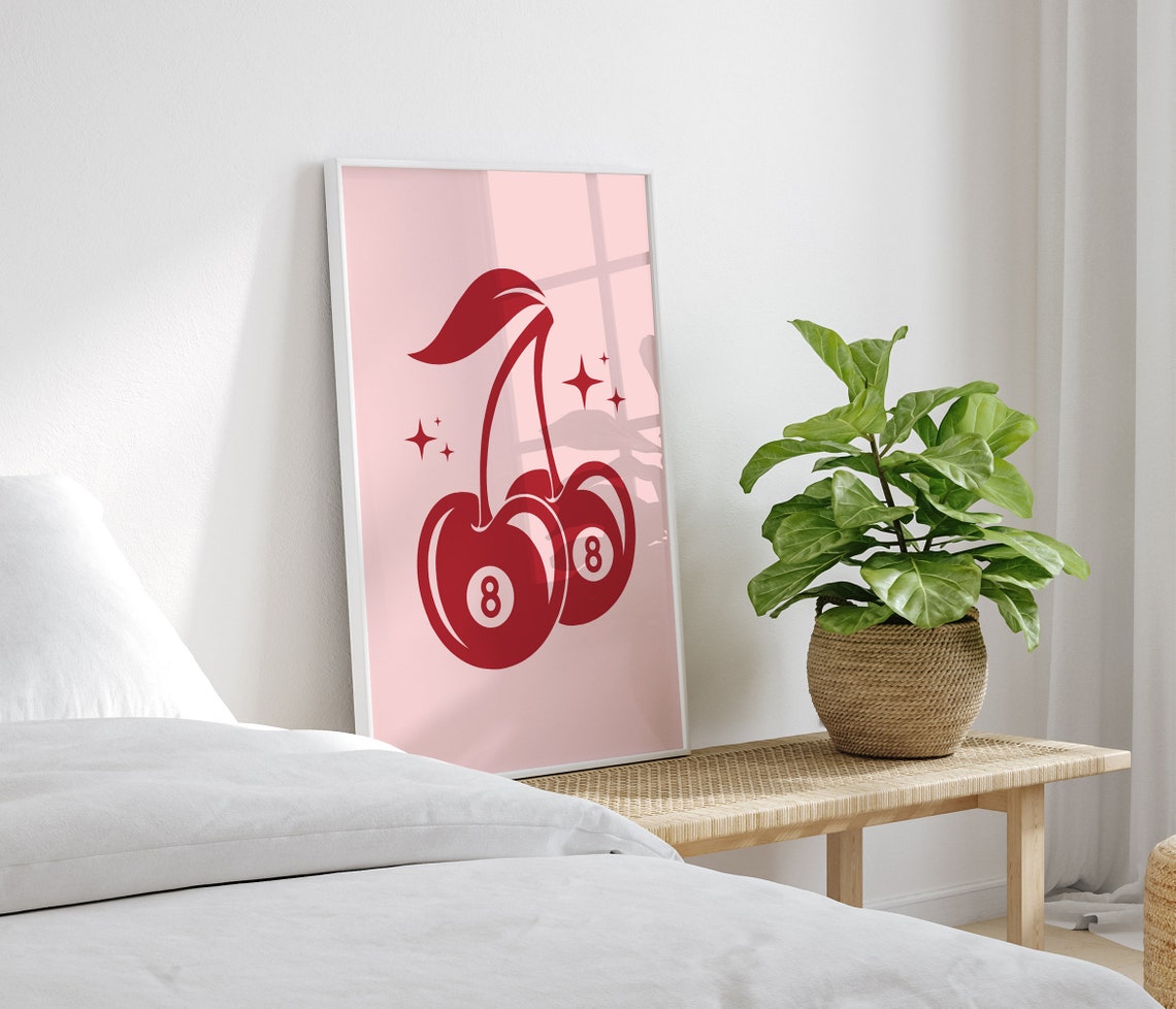 Trendy Retro 8 Ball Cherries Print, Illustration Vintage Wall Art ...