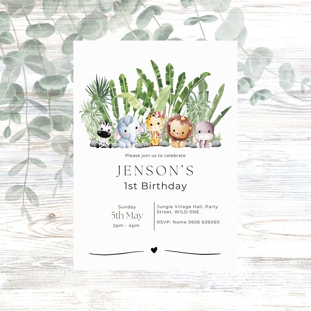 A5 Personalised Jungle Safari Party Invitations Animal Birthday Party ...