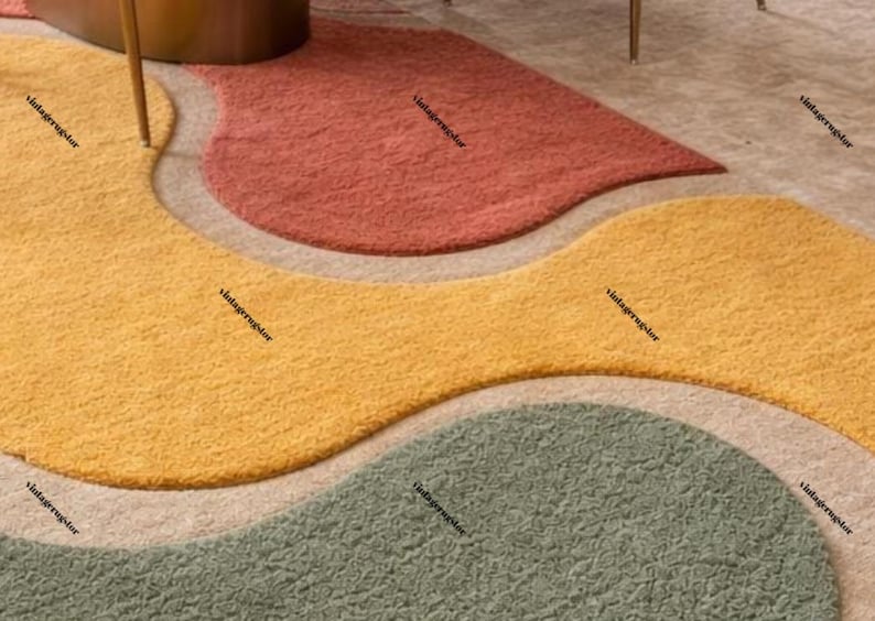 Modern Abstract Hand Tufted Rug, Color Block Wavy Area Rug in Mustard ...