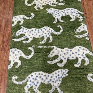 Handknotted Wool Leopard Rug: Green Oushak Animal Carpet - Etsy
