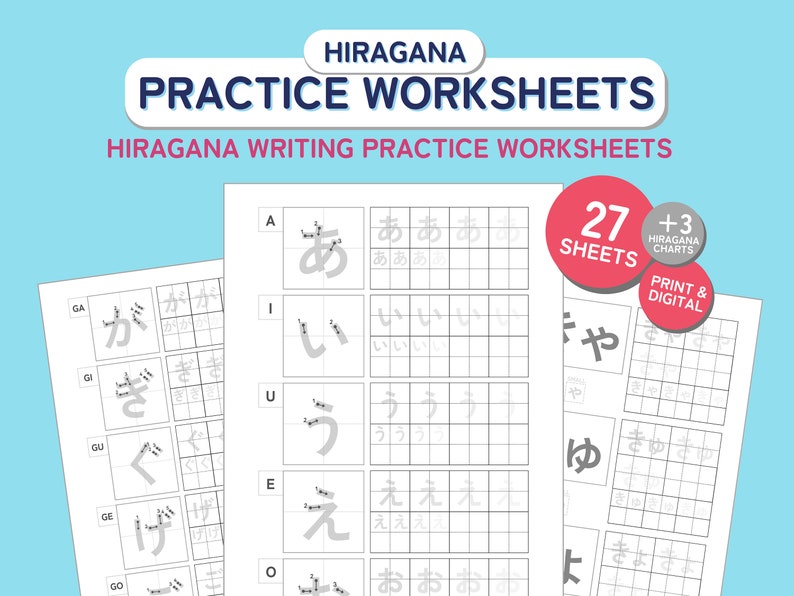 Hiragana Practice Worksheets - Digital & Printable - Bonus Hiragana ...