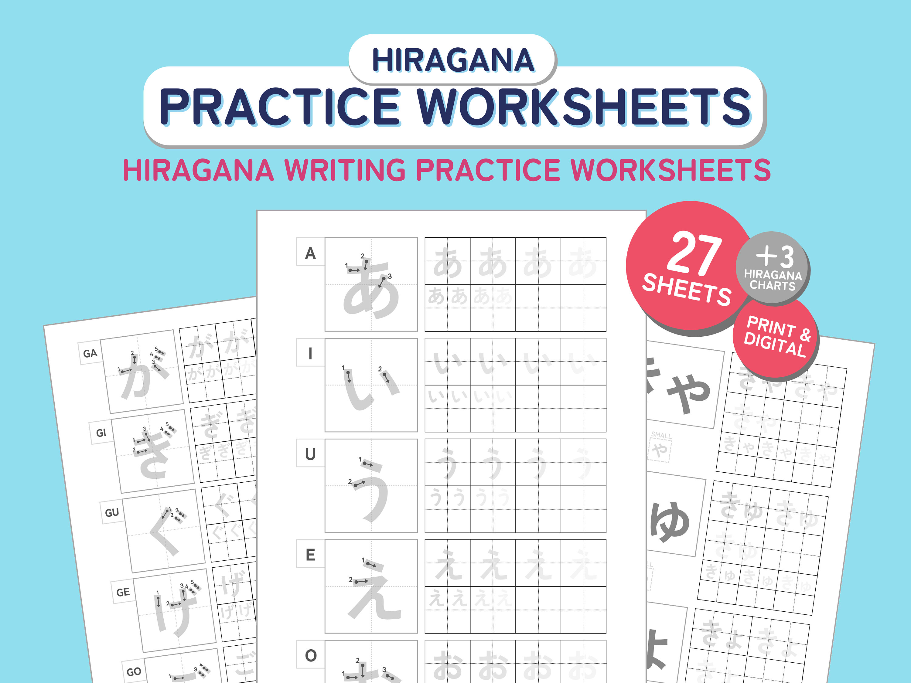 Hiragana Practice Worksheets - Digital & Printable - Bonus Hiragana ...