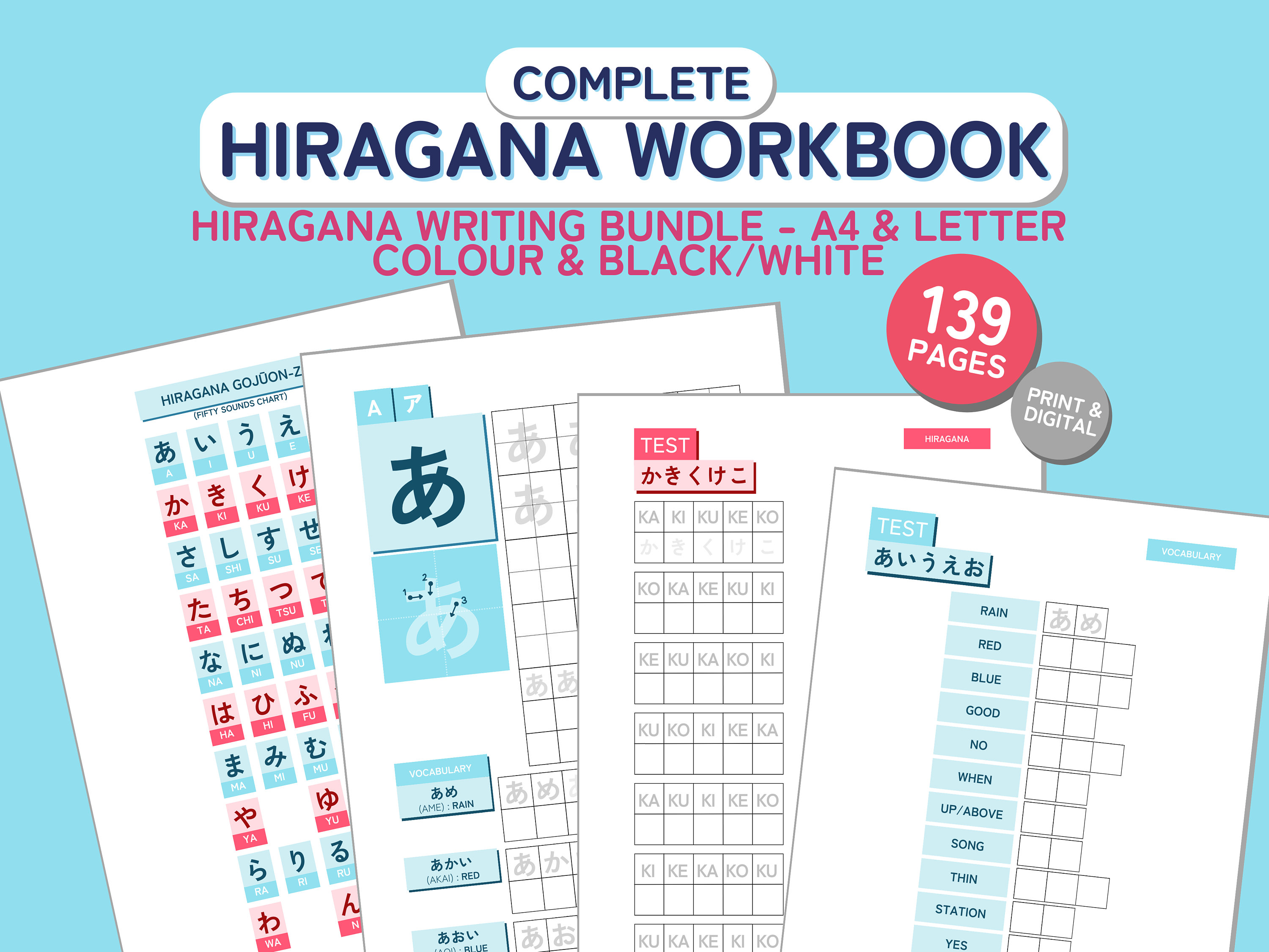 Complete Japanese Hiragana Workbook - Digital & Printable - Learn and ...
