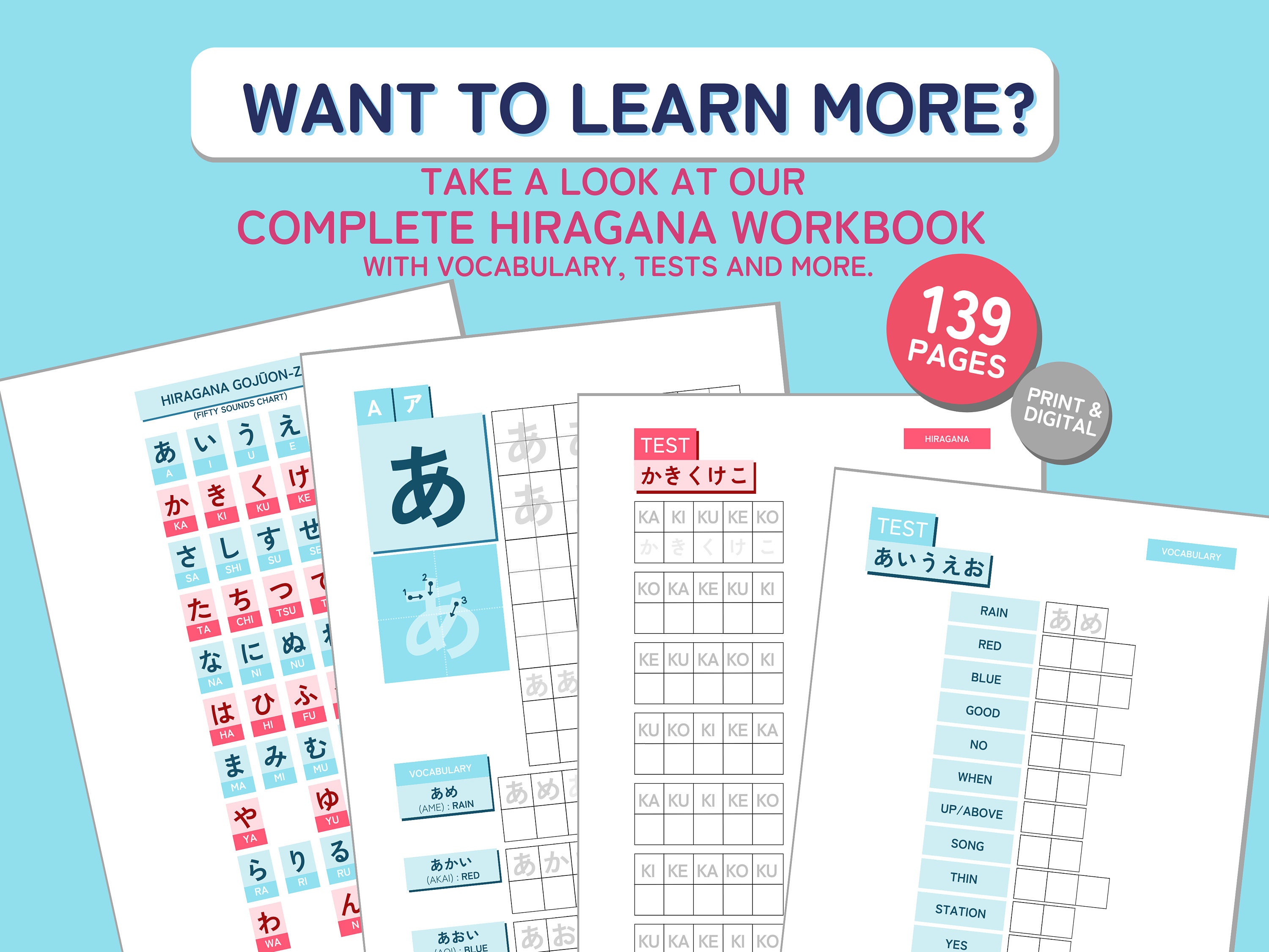 Hiragana Practice Worksheets - Digital & Printable - Bonus Hiragana ...