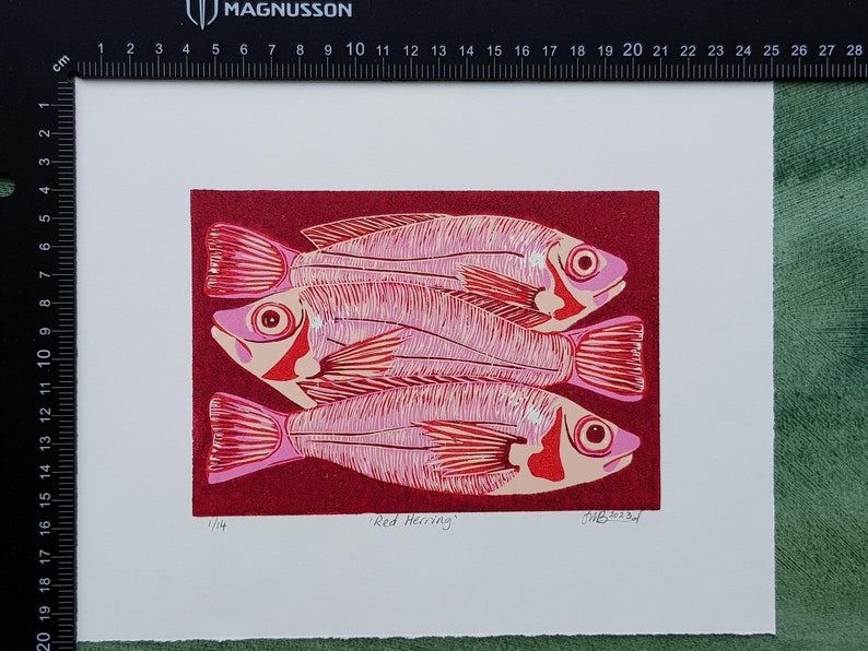 Three Red Pink Fish Still Life Handprinted Original Print Reduction ...