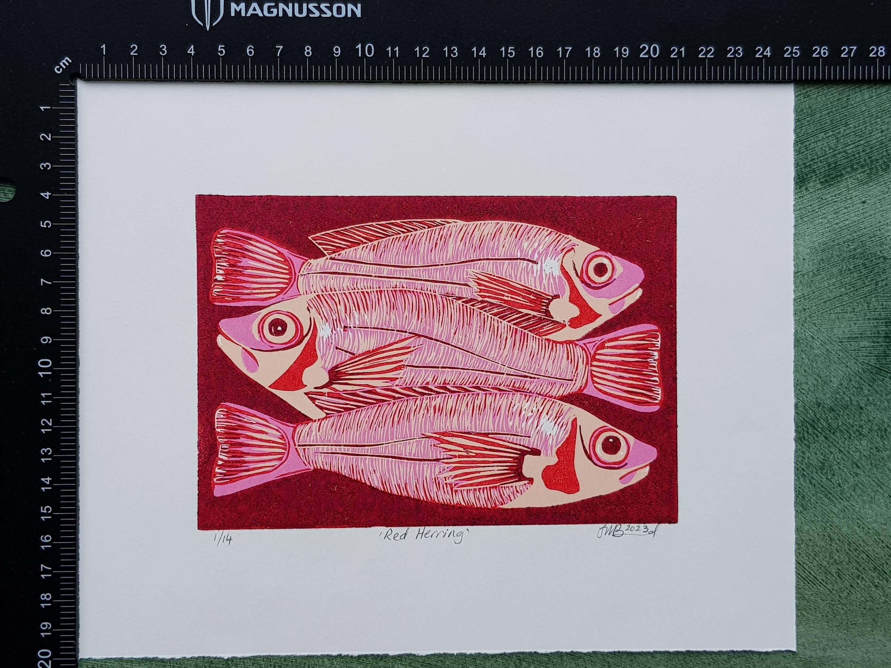Three Red Pink Fish Still Life - Handprinted Original Print Reduction ...