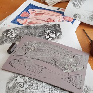 Three Red Pink Fish Still Life Handprinted Original Print Reduction ...