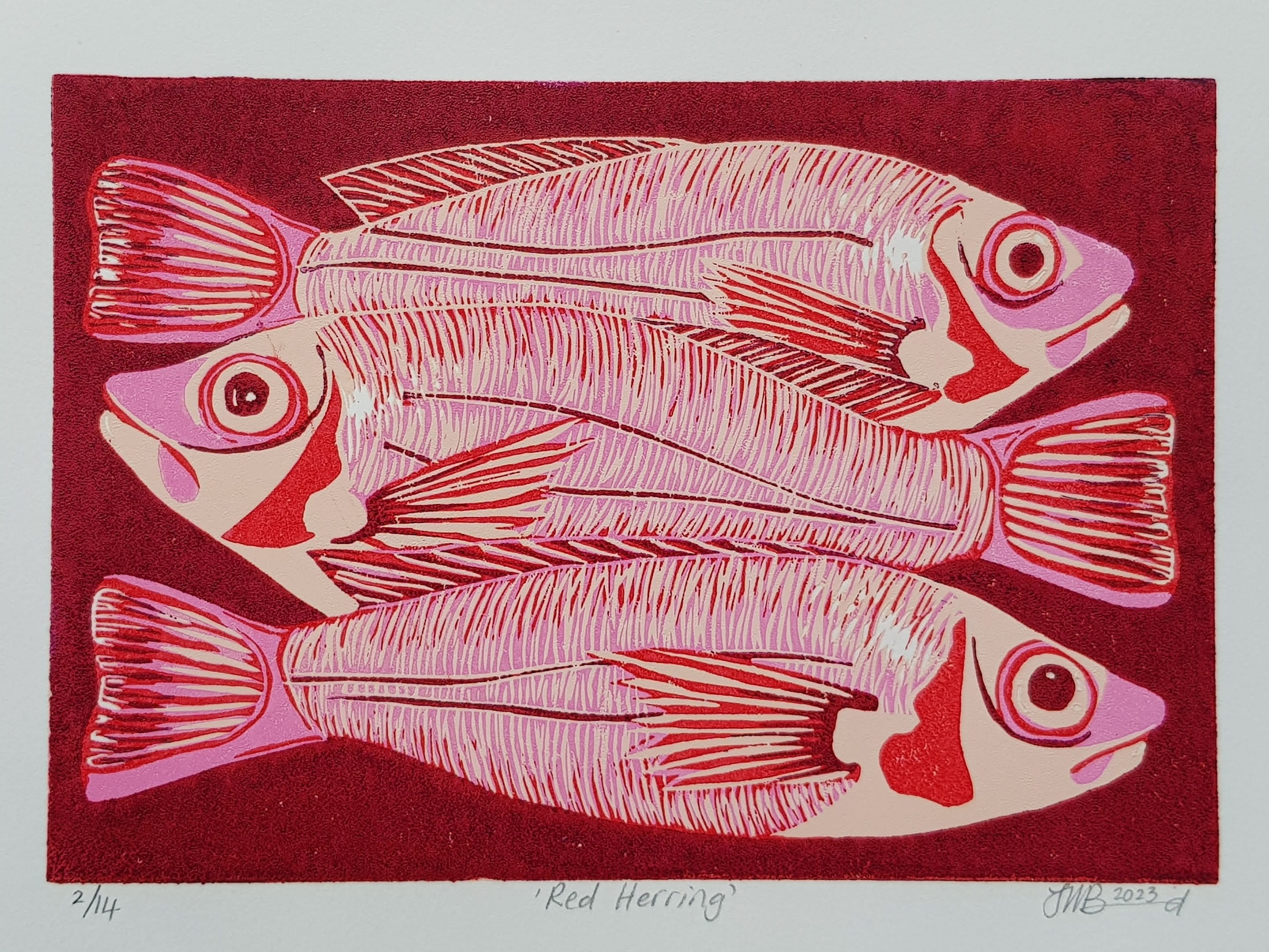 Three Red Pink Fish Still Life - Handprinted Original Print Reduction ...