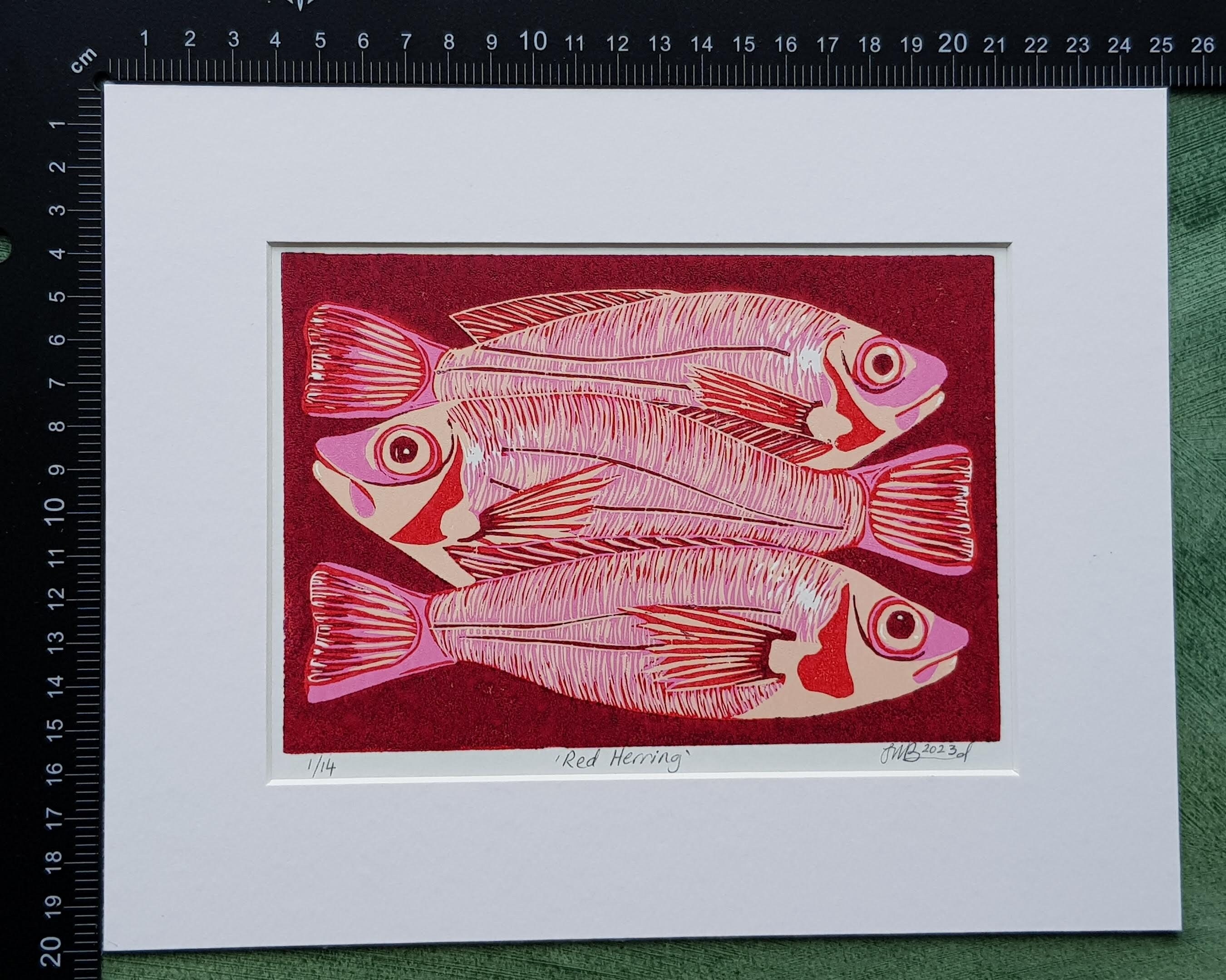 Three Red Pink Fish Still Life Handprinted Original Print Reduction ...