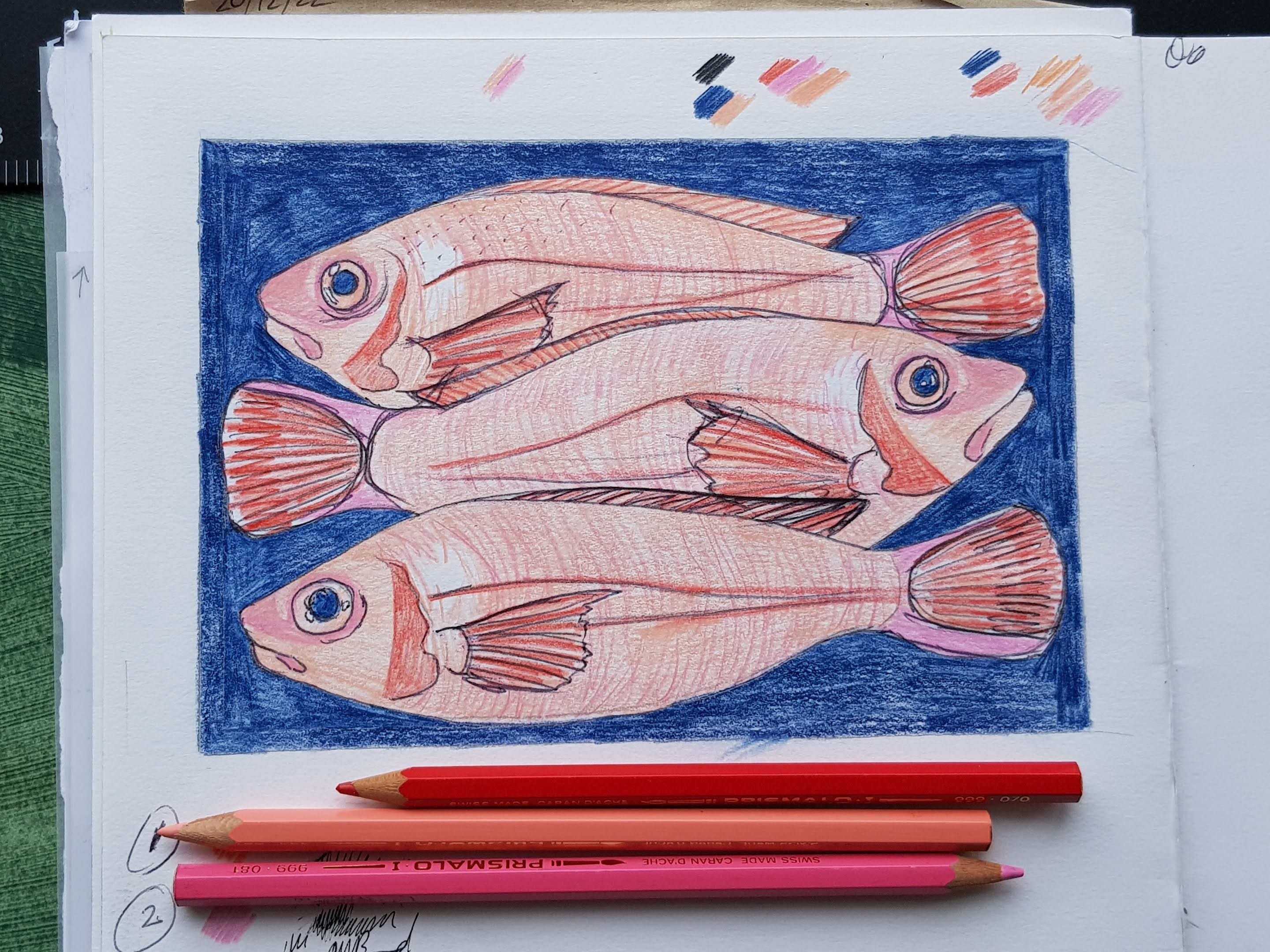 Three Red Pink Fish Still Life Handprinted Original Print Reduction ...
