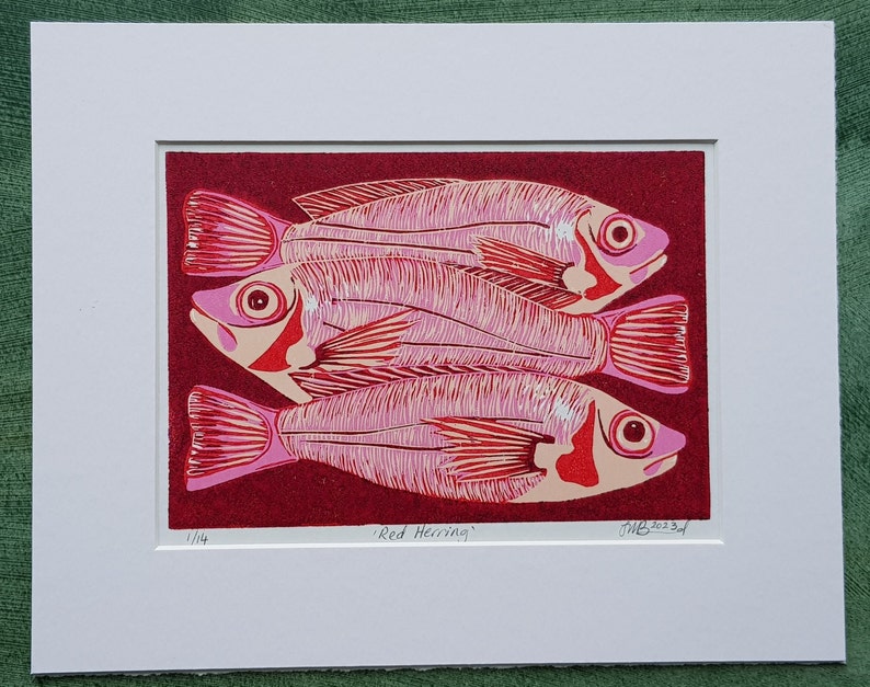 Three Red Pink Fish Still Life Handprinted Original Print Reduction ...